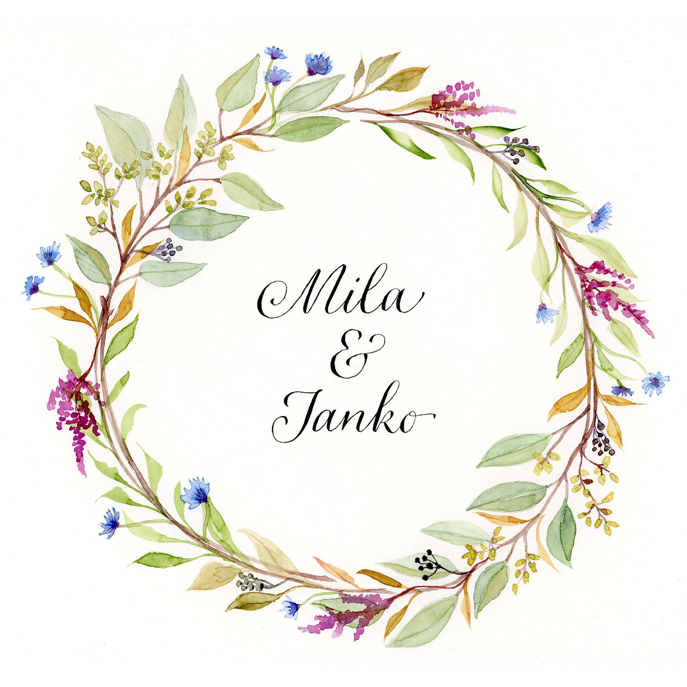 Bröllopsinbjudan med blomsterkrans i akvarell - Illustratörcentrum